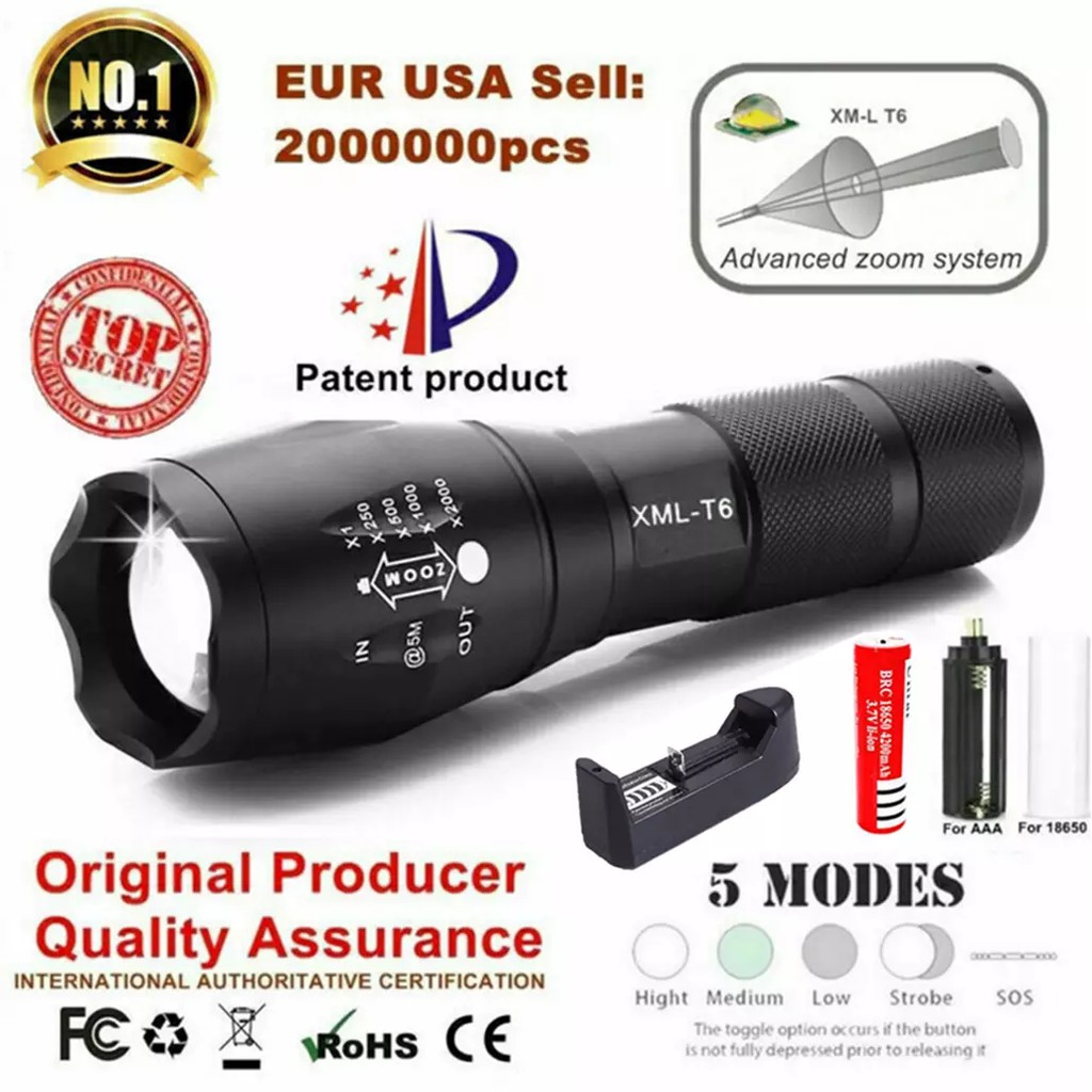 LED rechargeable flashlight XML T6 linterna 18650 battery 5 modes waterproof outdoor camping ...