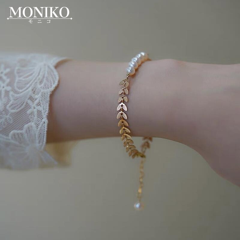 MONIKO Original Design 18k Gold Plated Pearls Bay leaf Bracelet Jewelry ...