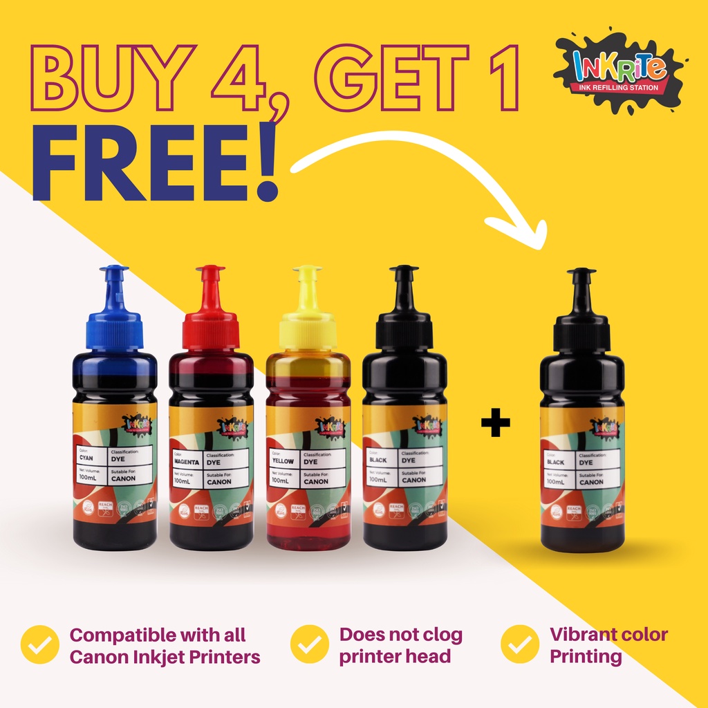 [BUY 4 GET 1 FREE] Inkrite Ink for Canon Inkjet Printers, 100 ml ...