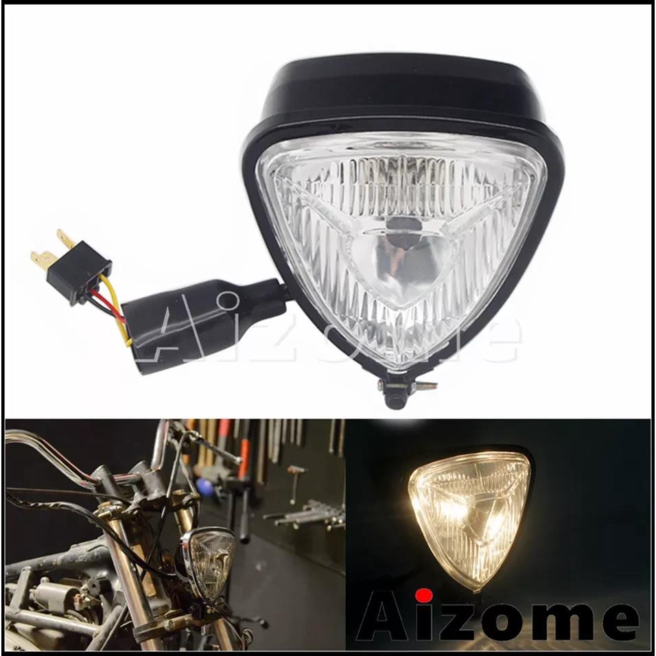 Universal Motorcycle Retro Headlight H4 12V Triangle Light Cafe Racer ...