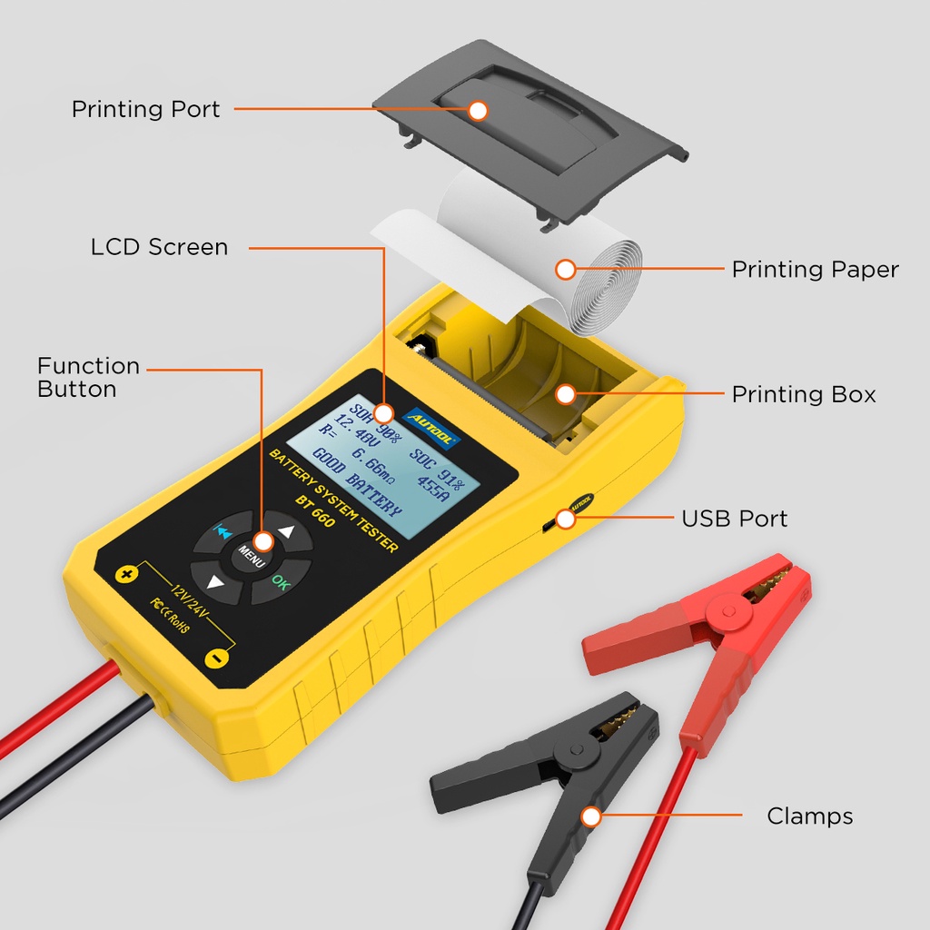 AUTOOL 12V/24V Car Battery Tester With Printer GEL EFB Load Tester ...