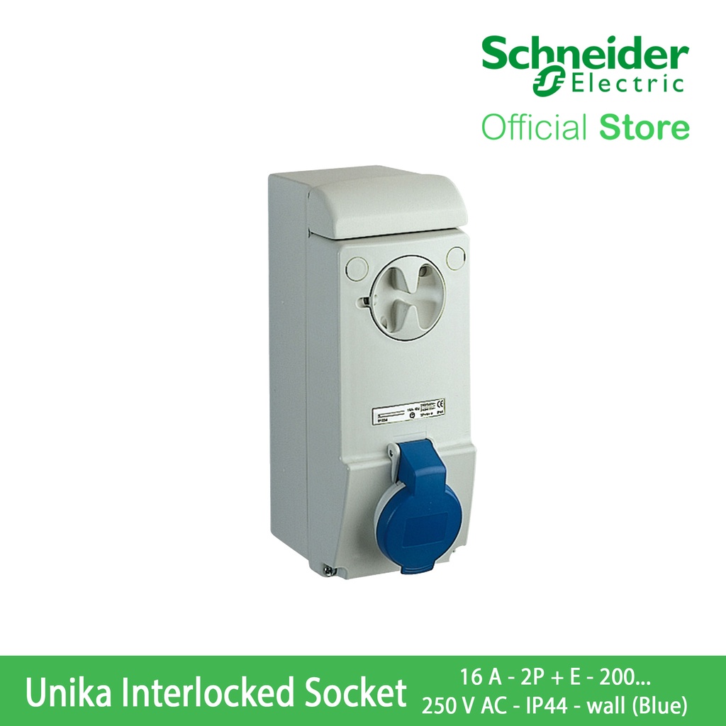 Schneider Unika Interlocked Socket - 16 A - 2P + E - 200...250 V AC - IP44 - Wall Blue (83031 ...