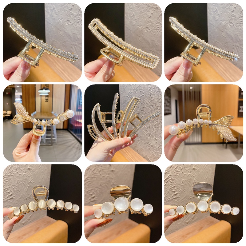 Korea large pearl hair clip shark clip metal catch clip headdress hair ...