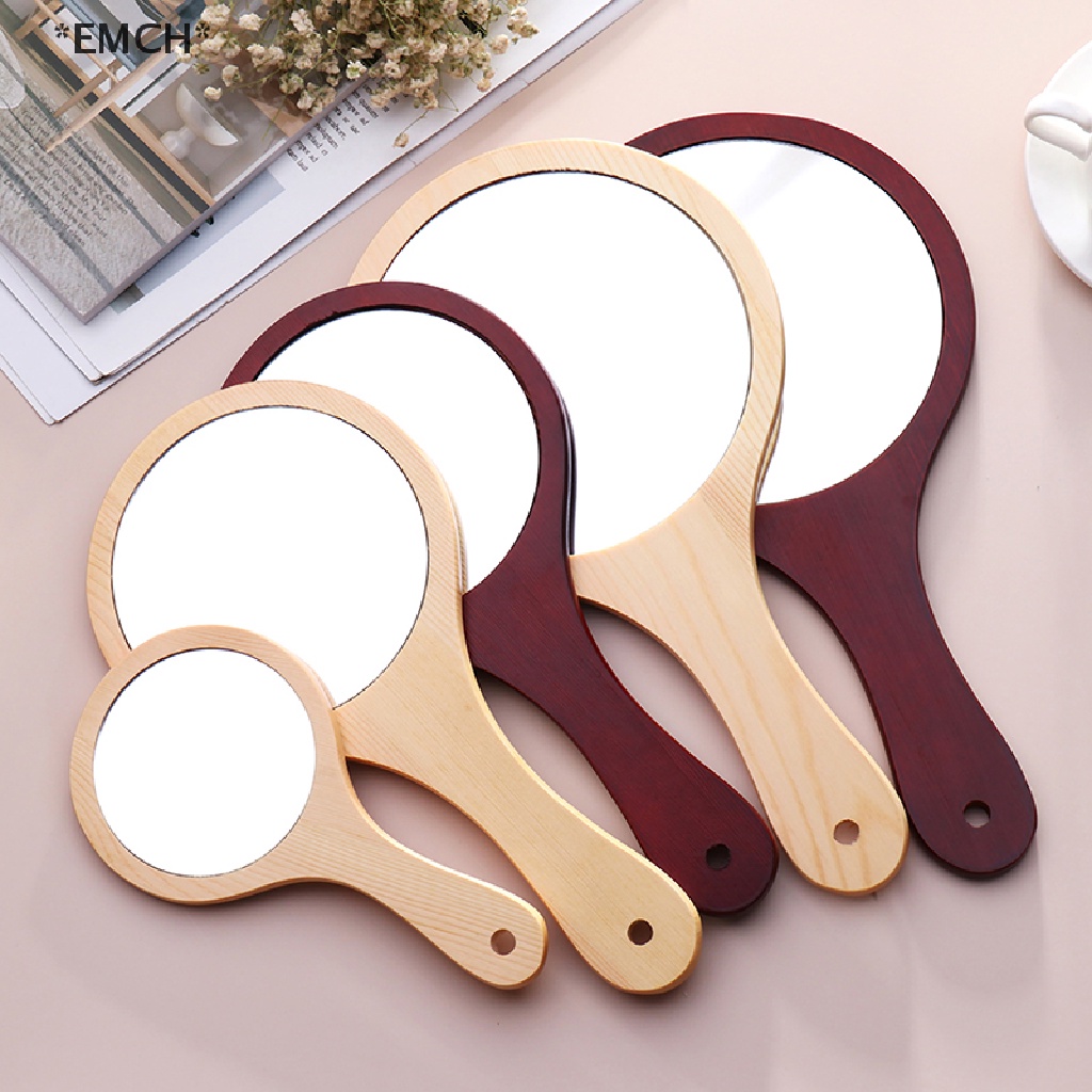 EMCH Round Wood Vintage Hand Mirror Makeup Vanity Mirror Cosmetic Make ...
