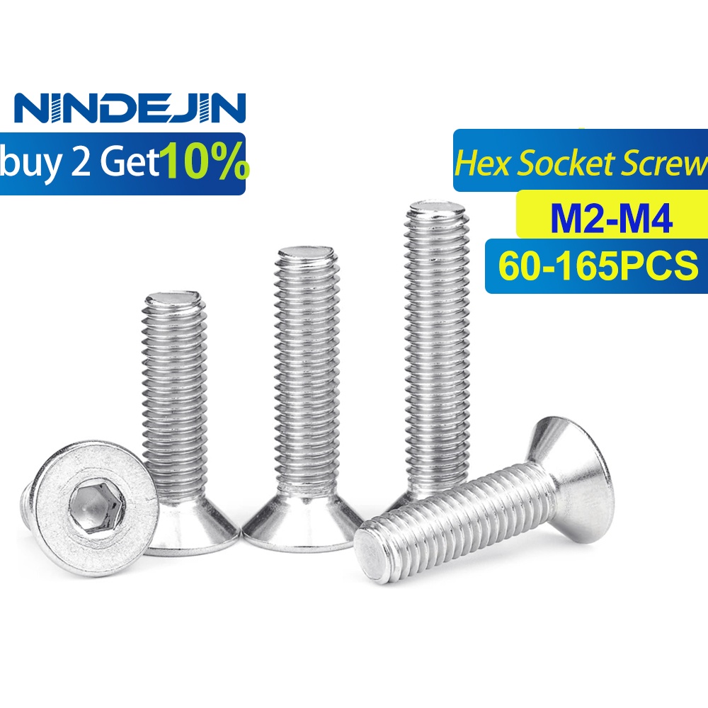 NINDEJIN 60-165pcs M2 M2.5 M3 M4 Stainless Steel Hexagon Hex Socket Countersunk Flat Head Screw ...