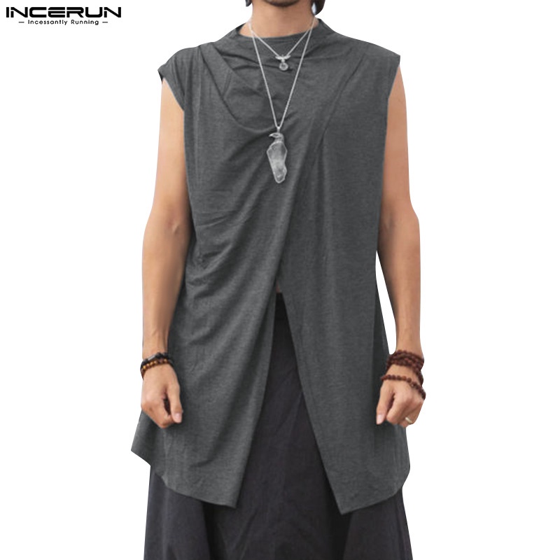 INCERUN Men Irregular Style Fashion Comfy Sleeveless Solid Color Long T ...