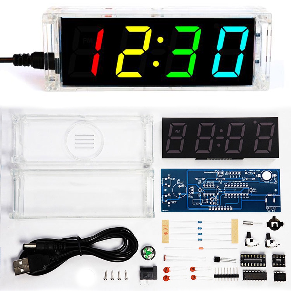 DIY Electronic Clock kit 4 Digital Tube Multicolor LED time Week ...