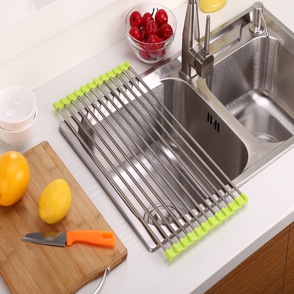 Countertop Space-Saving Roll-Up Stainless Steel Drain Rack Over Sink ...