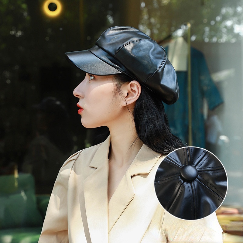 Autumn and winter pu leather octagonal hat for women British style back ...