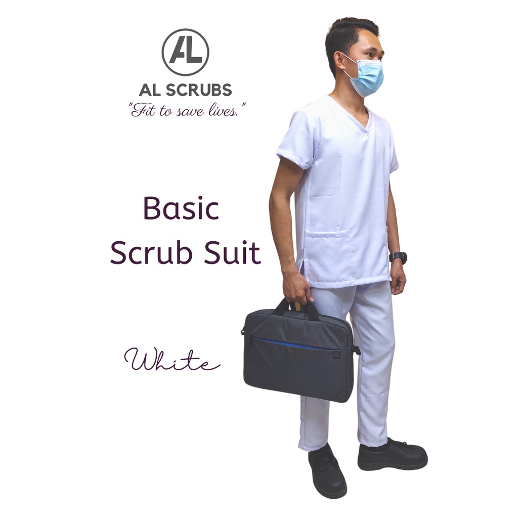 AL SCRUBS Basic Scrub Suit (White), front pockets, pants side pockets ...