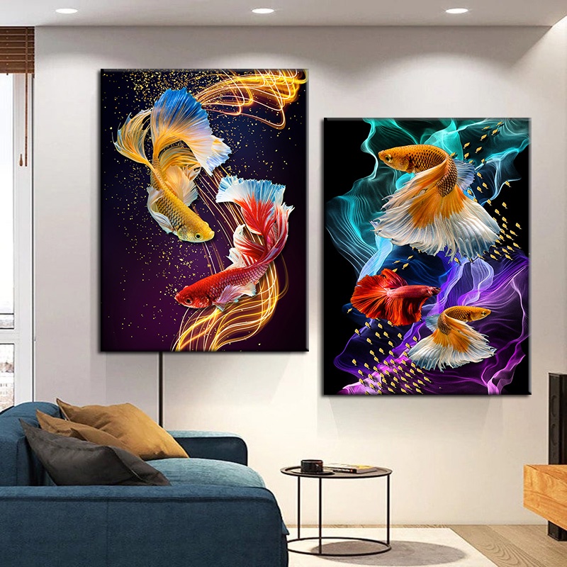 Nordic Tropical Koi Fish Carp Canvas Painting Luxury Golden Goldfish ...