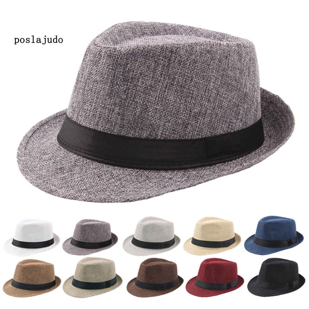 POS_Men Solid Color Wide Brim Fedora Felt Hat Panama Cap Boater Summer ...