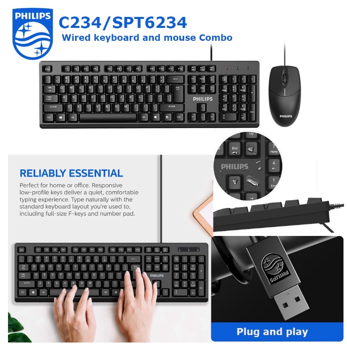 PHILIPS C234 Ergonomic Wired USB Keyboard & Mouse Combos set combo ...