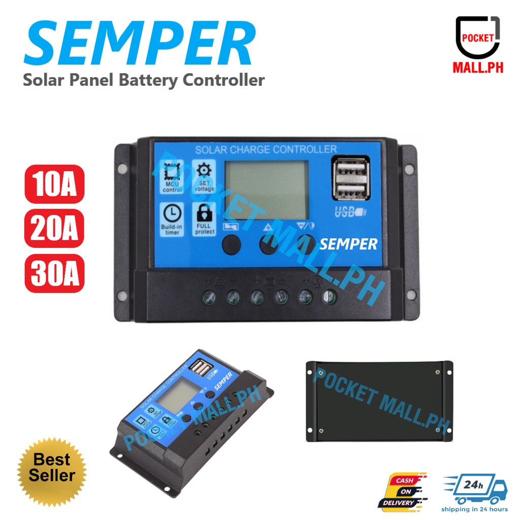 SEMPER PWM 30A 20A 10A Solar Charge Controller 12V 24V LCD Display Dual USB Solar Panel ...