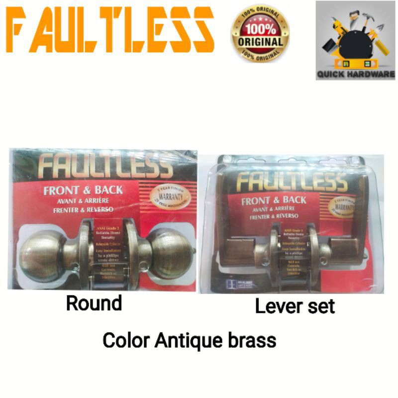 FAULTLESS Antique Brass Front and Back Lever Set and Round Knob ...
