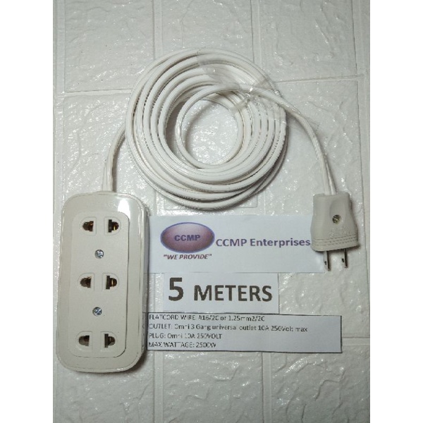 5 meters Heavy Duty Extension Cord wire (3)Three Gang flat cord #16 ...
