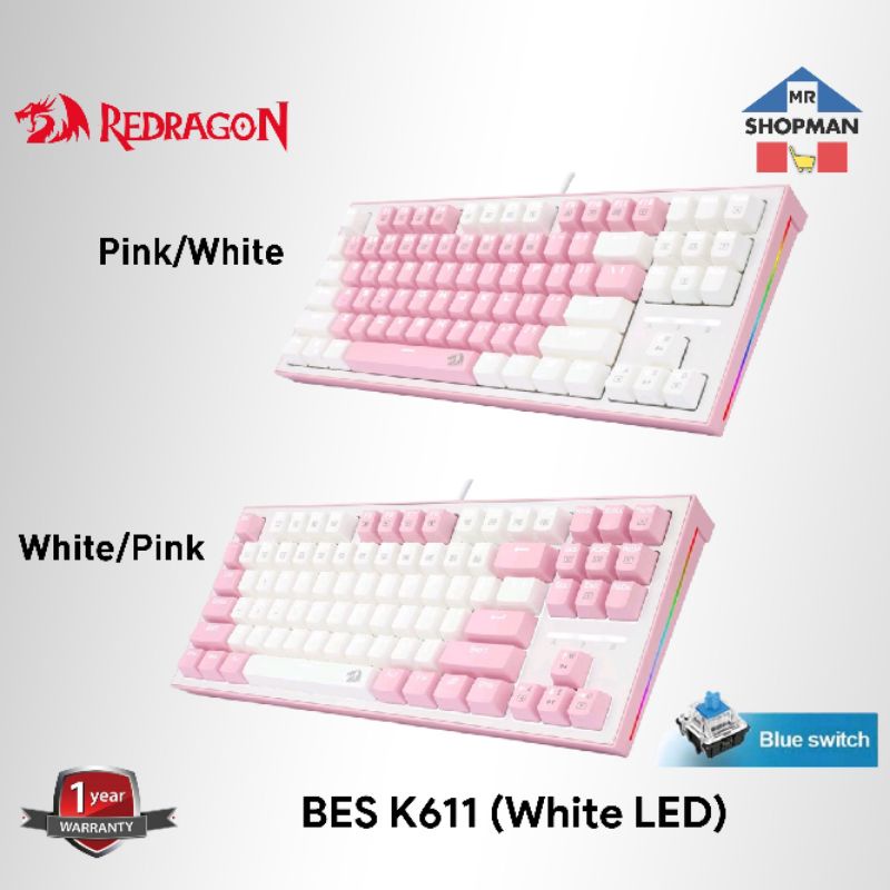 Redragon BES K611 WIRED Pink White / White Pink / White LED Mechanical Gaming Keyboard | Shopee ...