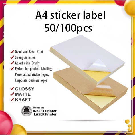 A4 (50 | 100 pcs)Printable Inject Sticker Paper Matte Glossy & Kraft ...
