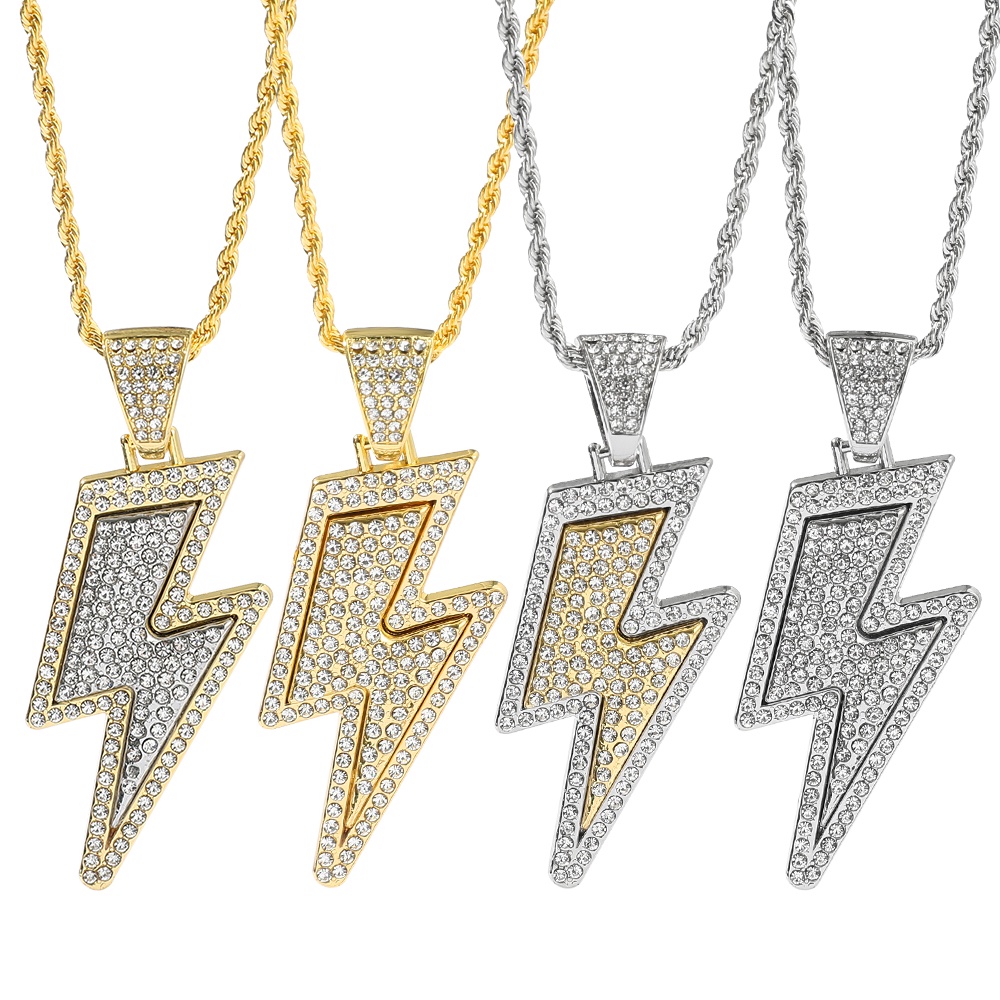 Fashion Popular Full Zircon Lightning-Shaped Necklace Men's Hip-hop ...