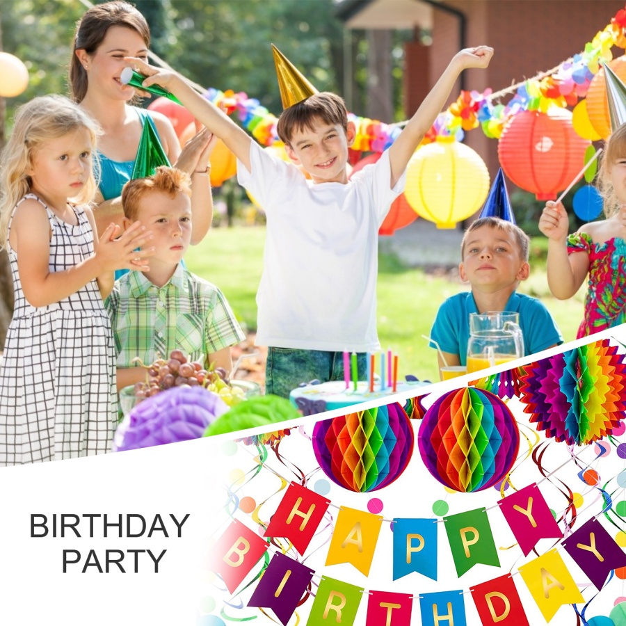 TR Colorful party decoration set, rainbow colored paper fan, honeycomb ...