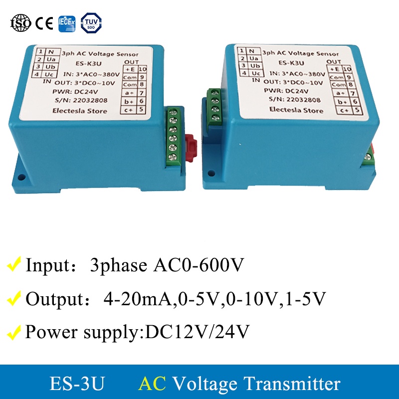 AC Voltage Transmittert Input AC0-600V Voltage Sensor Detector Analog Output 0-5V 4-20mA High ...