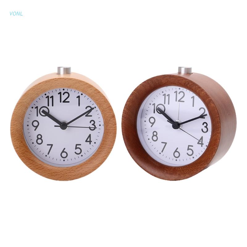 Vonl Round Wooden Desktop Alarm Clock with Night Light Creative Simple ...