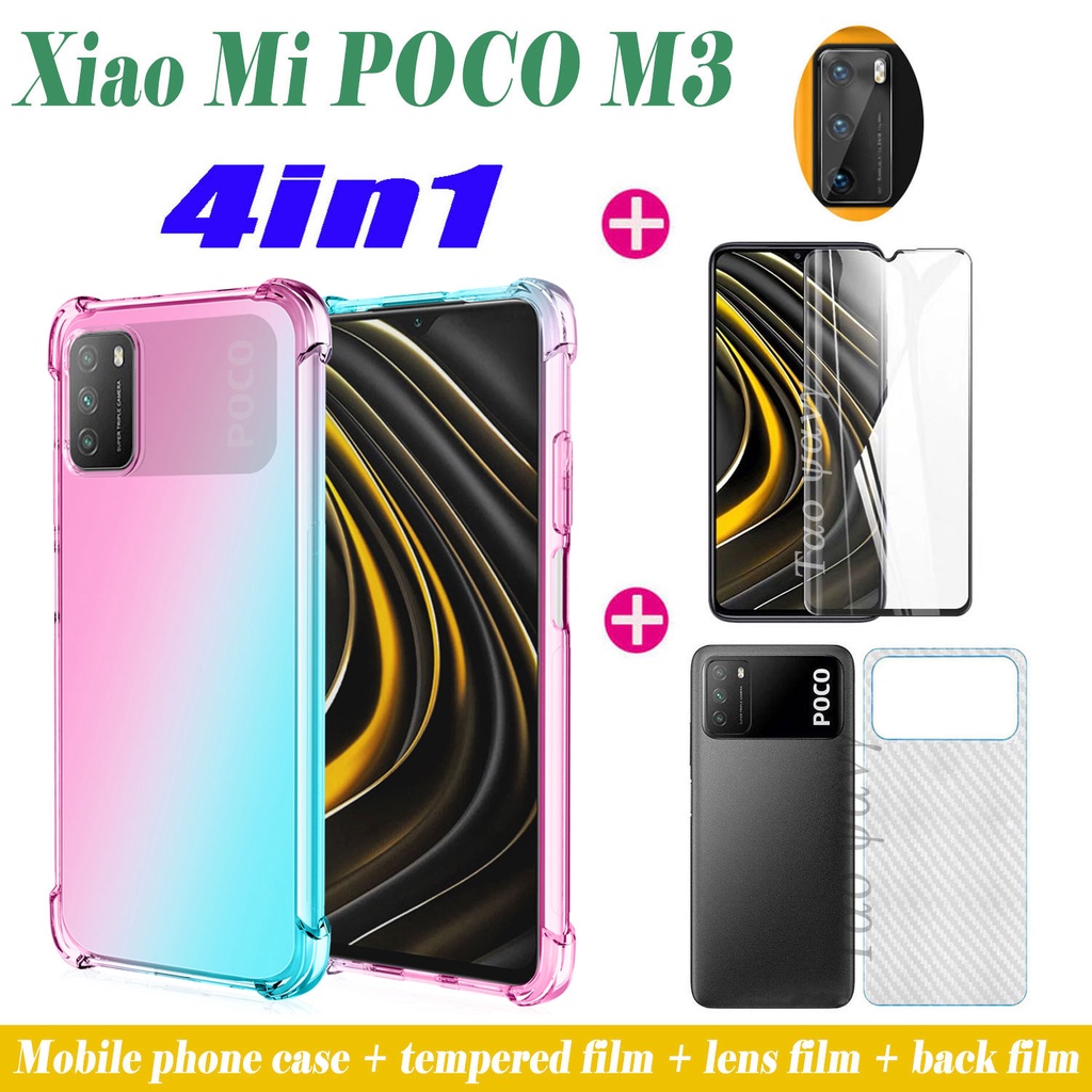 4IN1 POCO M3 case tempered glass film+carbon fiber back film + lens ...