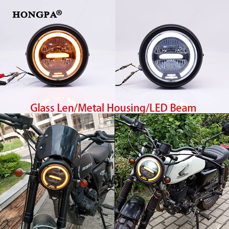Motorcycle LED Headlight Motorcycle Headlamp Cafe Retro Round Yellow ...