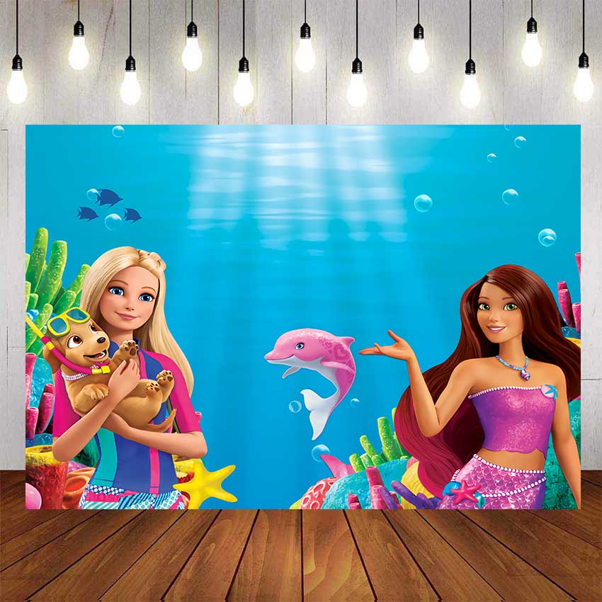 Barbie with Dolphin Birthday Backdrop For Photography Baby Shower Kids ...