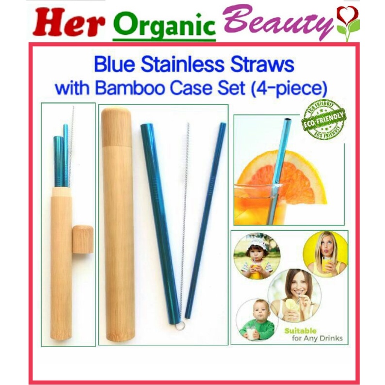 Blue Stainless Steel Straws with Bamboo Case Set (4-piece) Eco Friendly ...