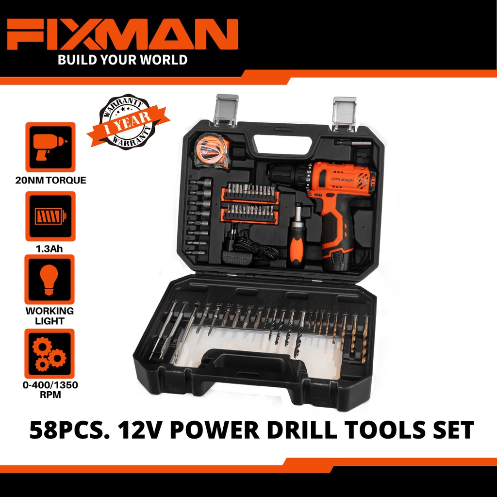 FIXMAN 58 Pcs Tool Set With 12v Drill, Drill Bits, Measuring Tape, Screwdriver 3MONTHS WARRANTY ...