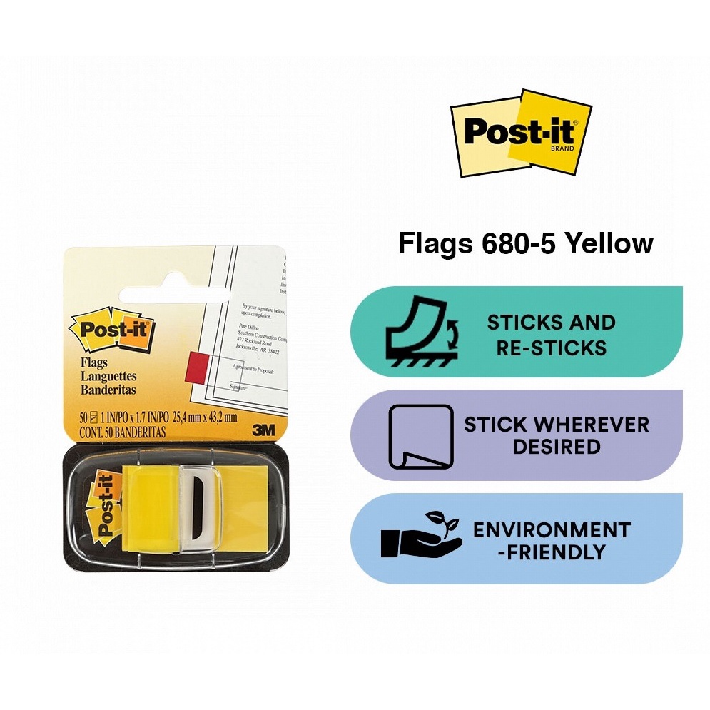 3M Post-It Flags, 1X1.7IN, 50FL/PD, 36/CV 680-5 Yellow [MP6805 ...
