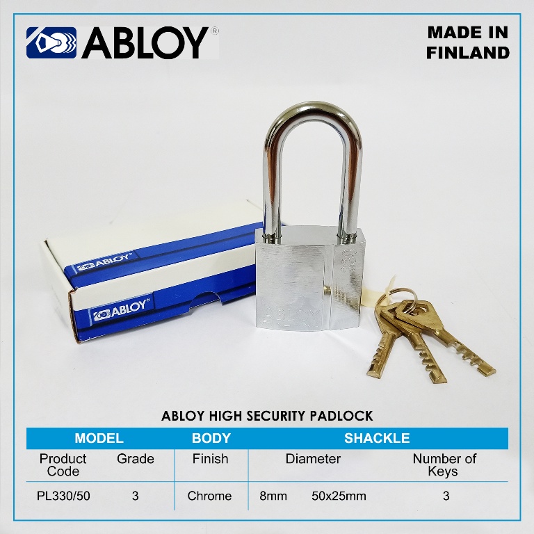 Abloy Padlock PL 330C/50 Original Made In Finland 48mm Chrome Plated ...