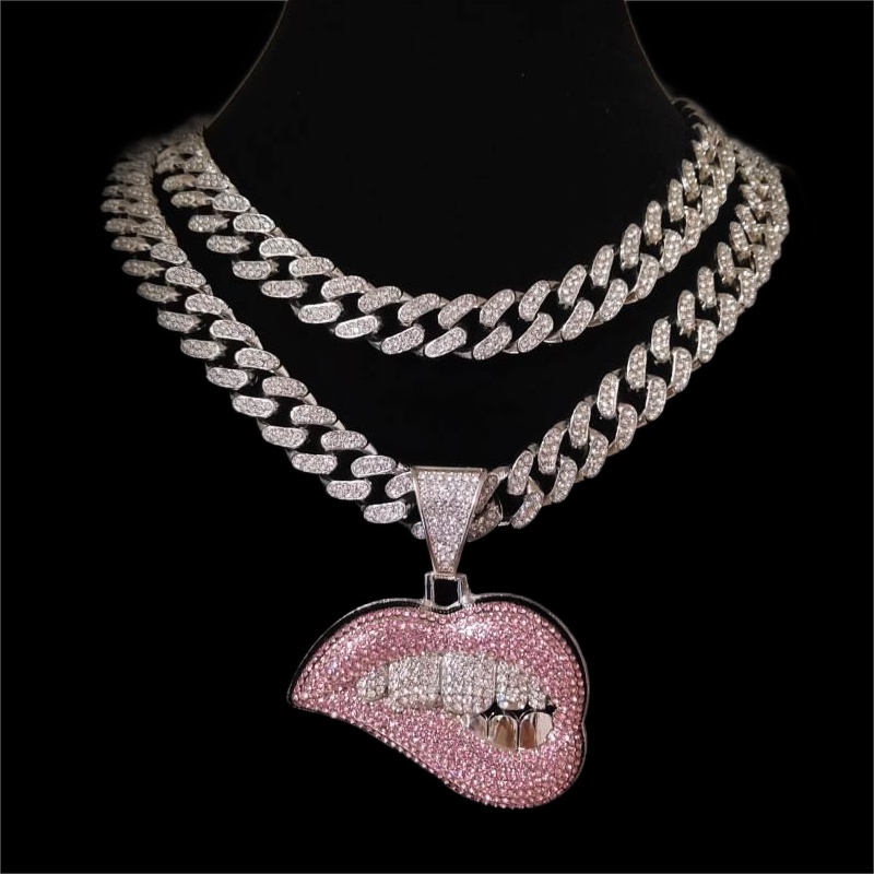 Iced Out Miami Cuban Link Chain Sexy Biting Lips Pendant Necklace For ...