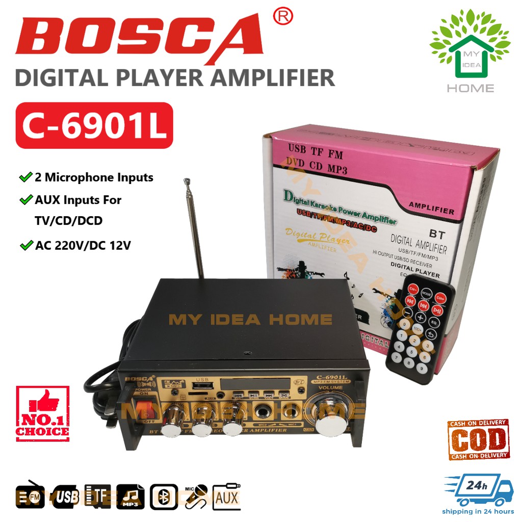 BOSCA Digital Player Karaoke Power Amplifier with 2 Mic Input Bass and ...