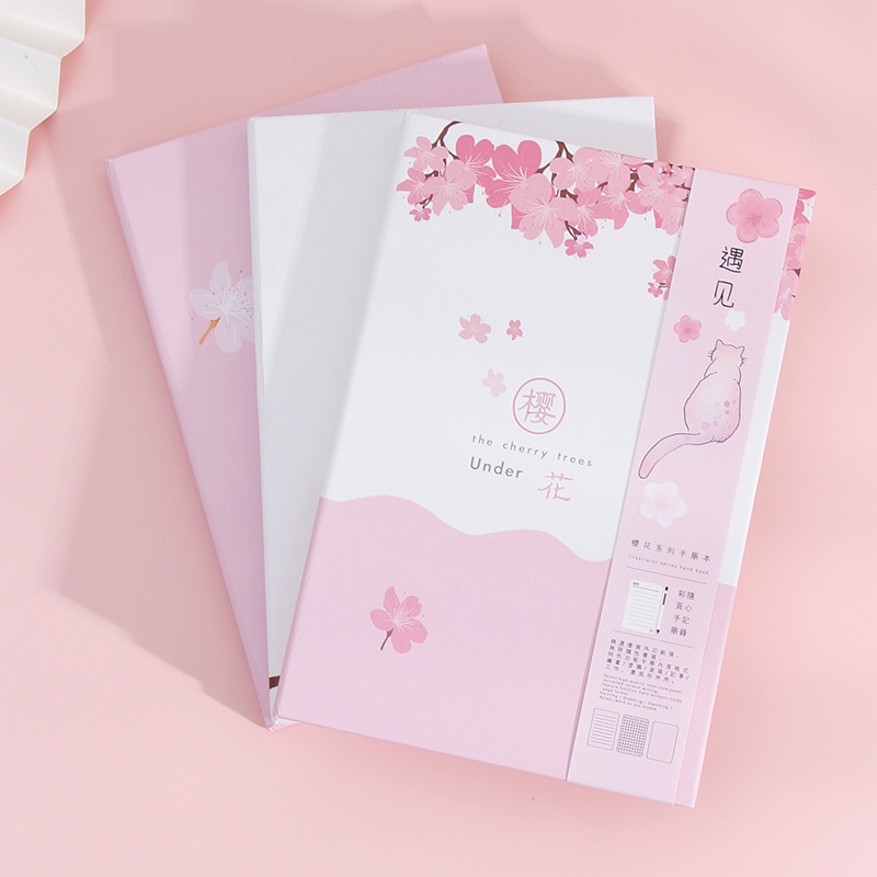 Pink White Sakura Cherry Blossom Kitty Hard cover Hard bound A5 Journal ...