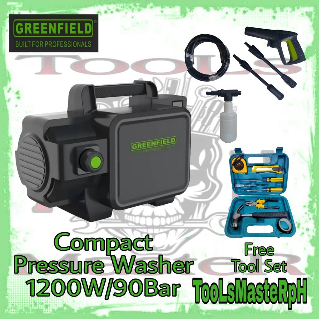 GREENFIELD 1200W Compact Pressure Washer 90 Bar 08-04-00090 Free Tool ...