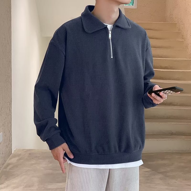 【4 Color】Zipper Design Long Sleeve Korean Polo For Men High Quality ...