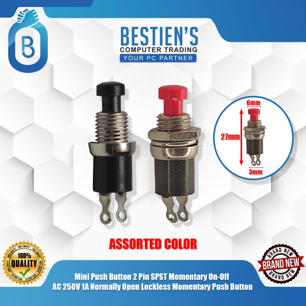 Mini Push Button 2 Pin SPST Momentary On-Off AC 250V 1A Normally Open ...