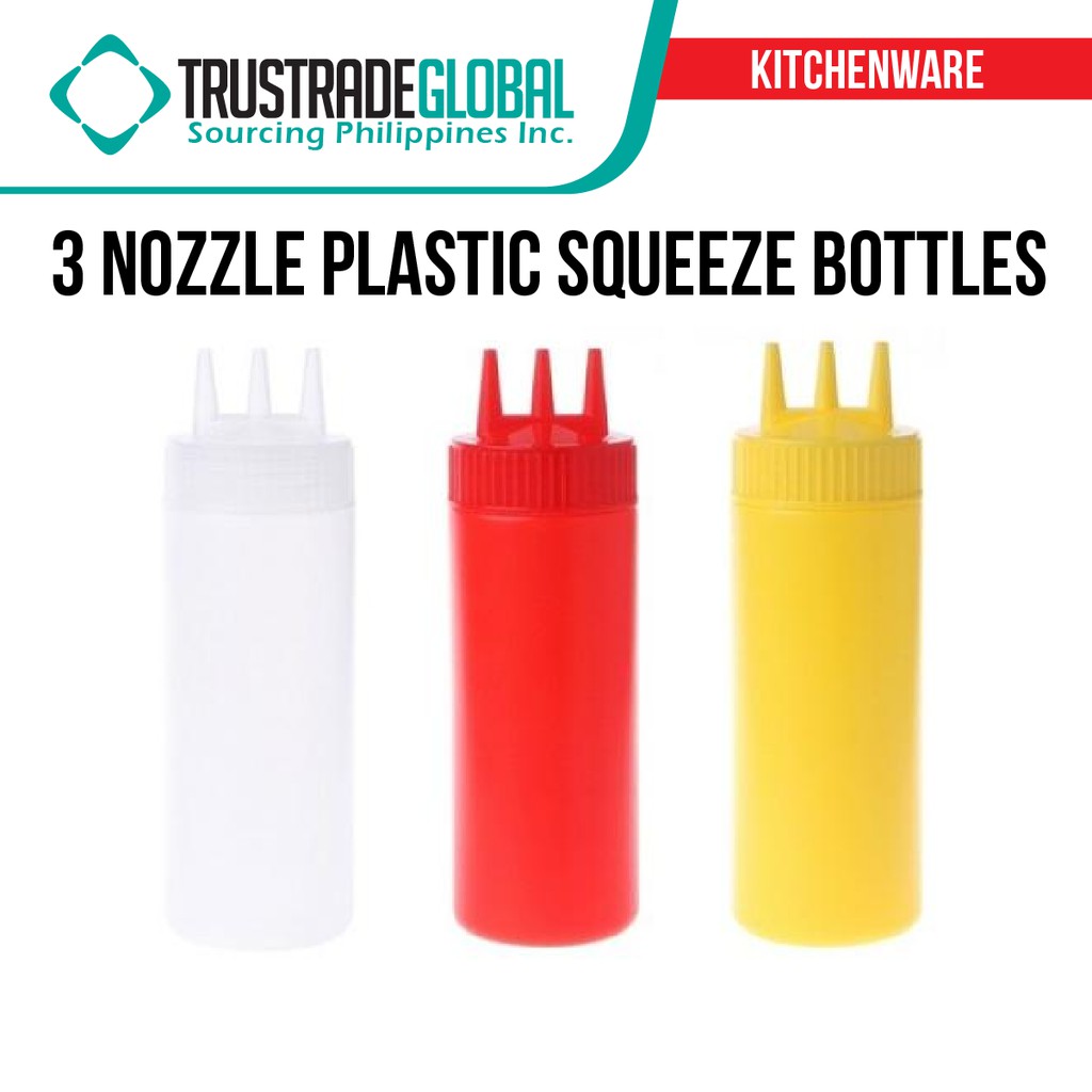 3 Nozzle Plastic Squeeze Bottles for Condiments, Sauces, Oils, etc ...
