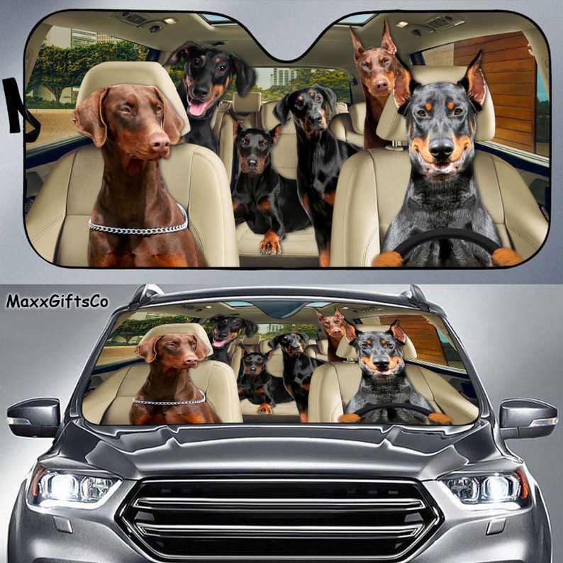 Doberman Car Sun Shade, Doberman Windshield, Dogs Family Sunshade ...