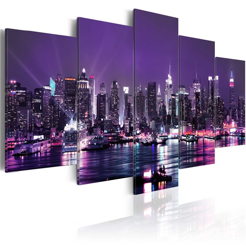 5 Panel Night View Poster New York City Construction Scenery Canvas ...