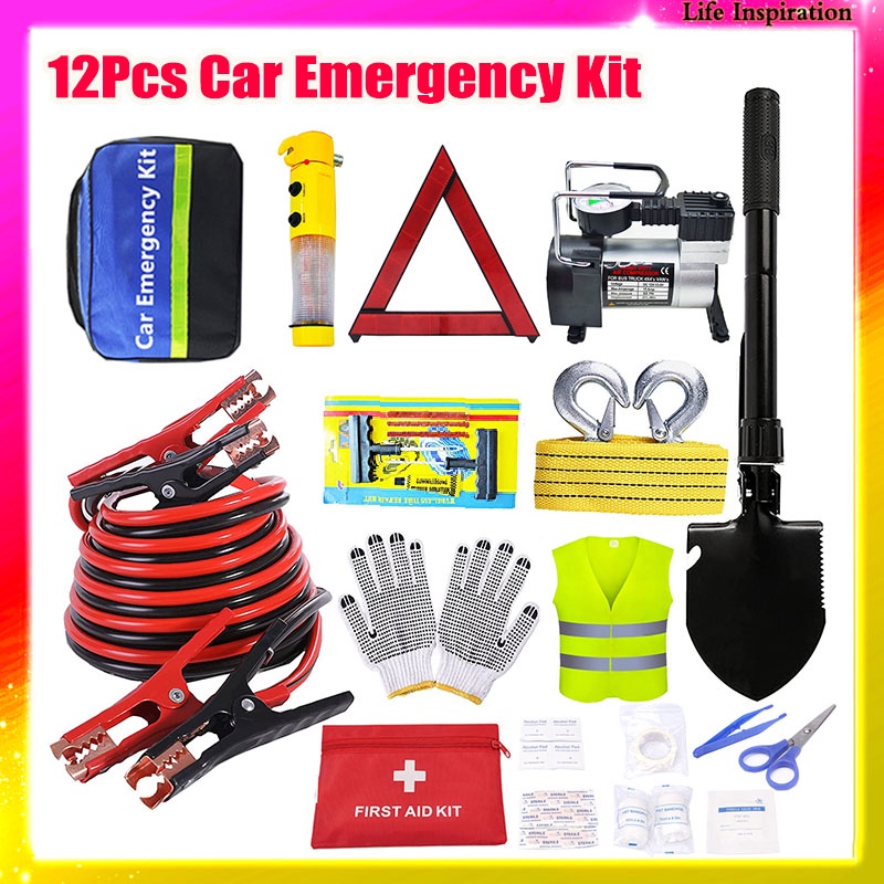 12 Pcs Car &Roadside Emergency Kit, Multipurpose Emergency Pack Car ...