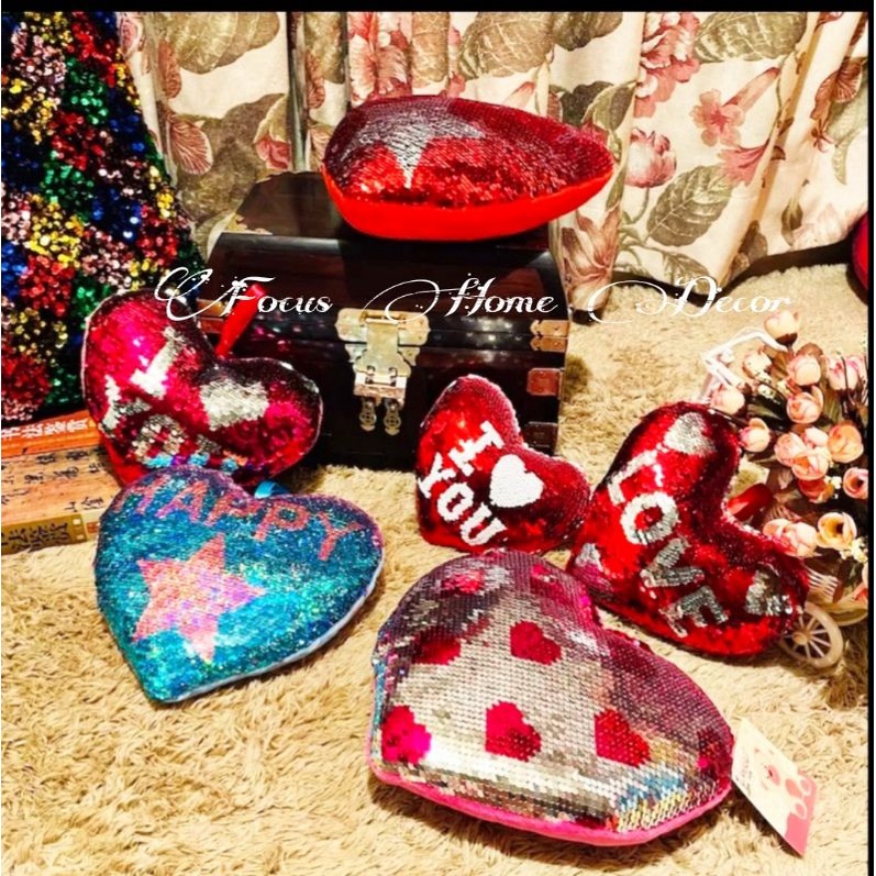 Reversible Sequin Heart Pillow, Glittered Heart Stuffed Toys Sofa ...