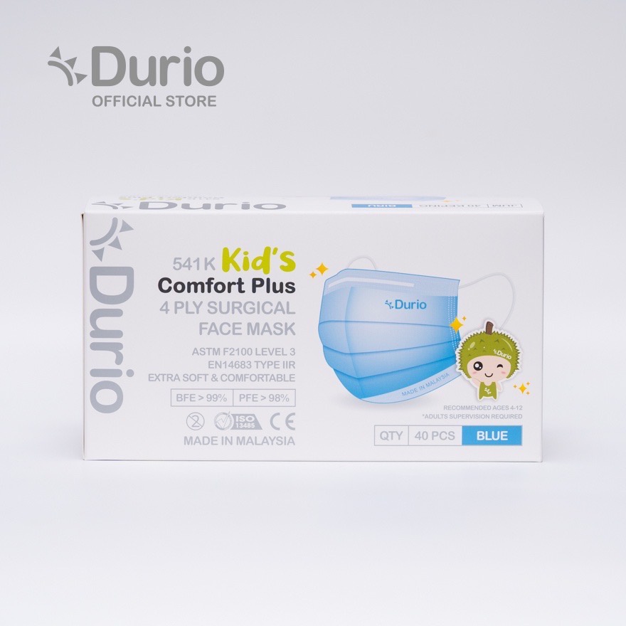 Durio 541K Kid’s Comfort Plus 4 Ply Surgical Face Mask - Blue (40 Pcs ...