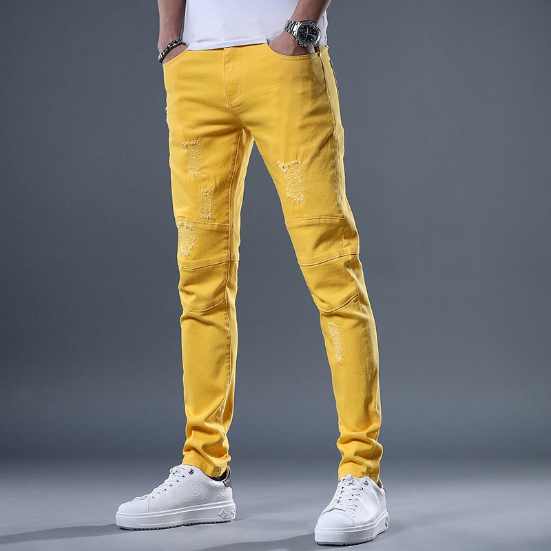 Ripped Patches Yellow Pants Men Fashion Slim Skinny Pencil Pant ...