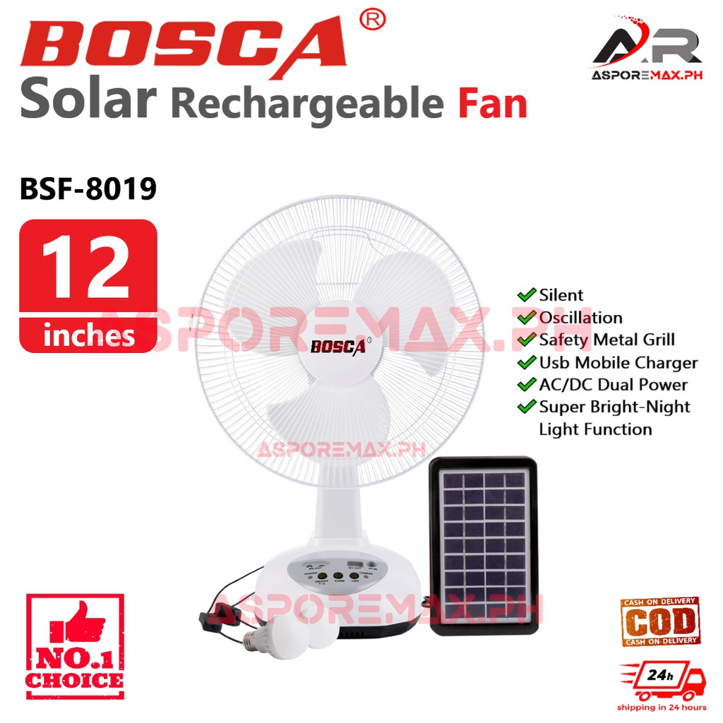 BOSCA BRAND Solar Recahrgeable Electric Fan Stand Fan with LED light 2 ...