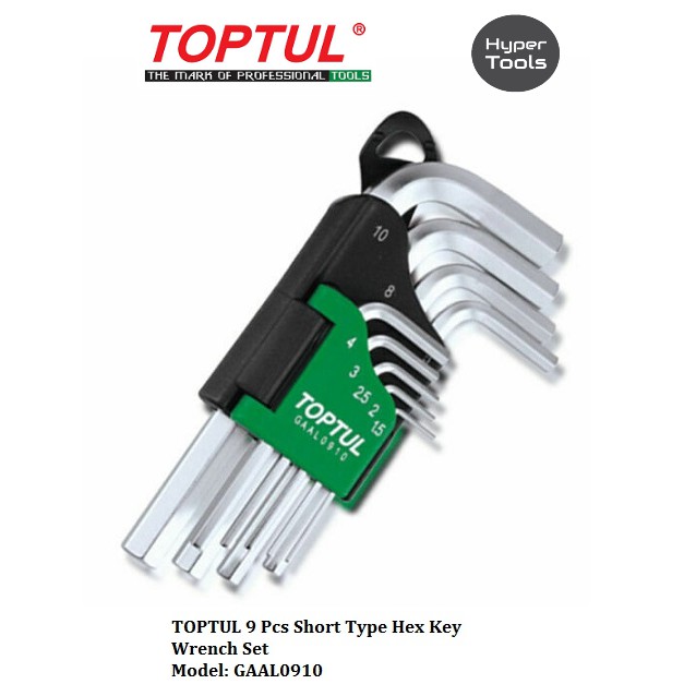 TOPTUL 9 Pcs Short Type Hex Key Wrench Set (1.5mm - 10mm) - Model ...
