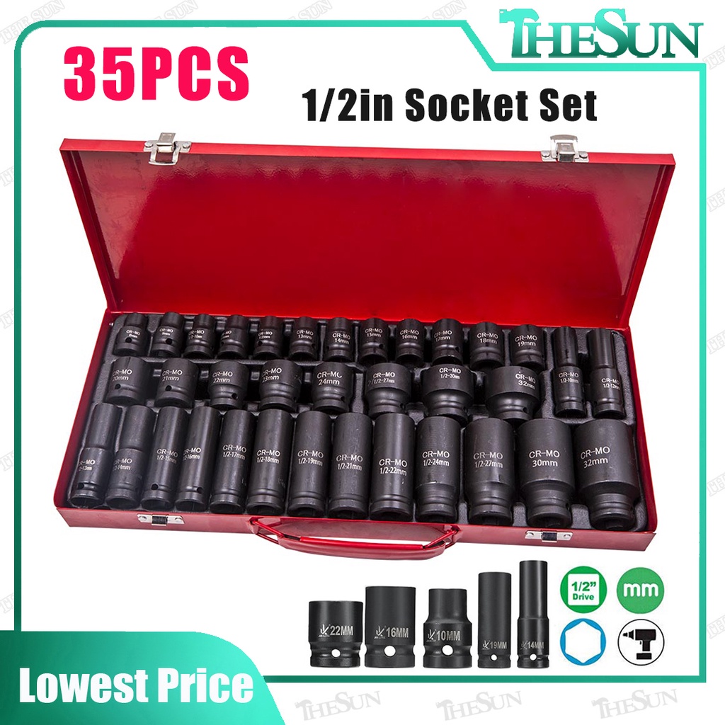 35x Air Deep Impact Socket Garage Workshop Tool Set Kit 1/2" Drive 8-32mm Metric 6 Point Remover ...
