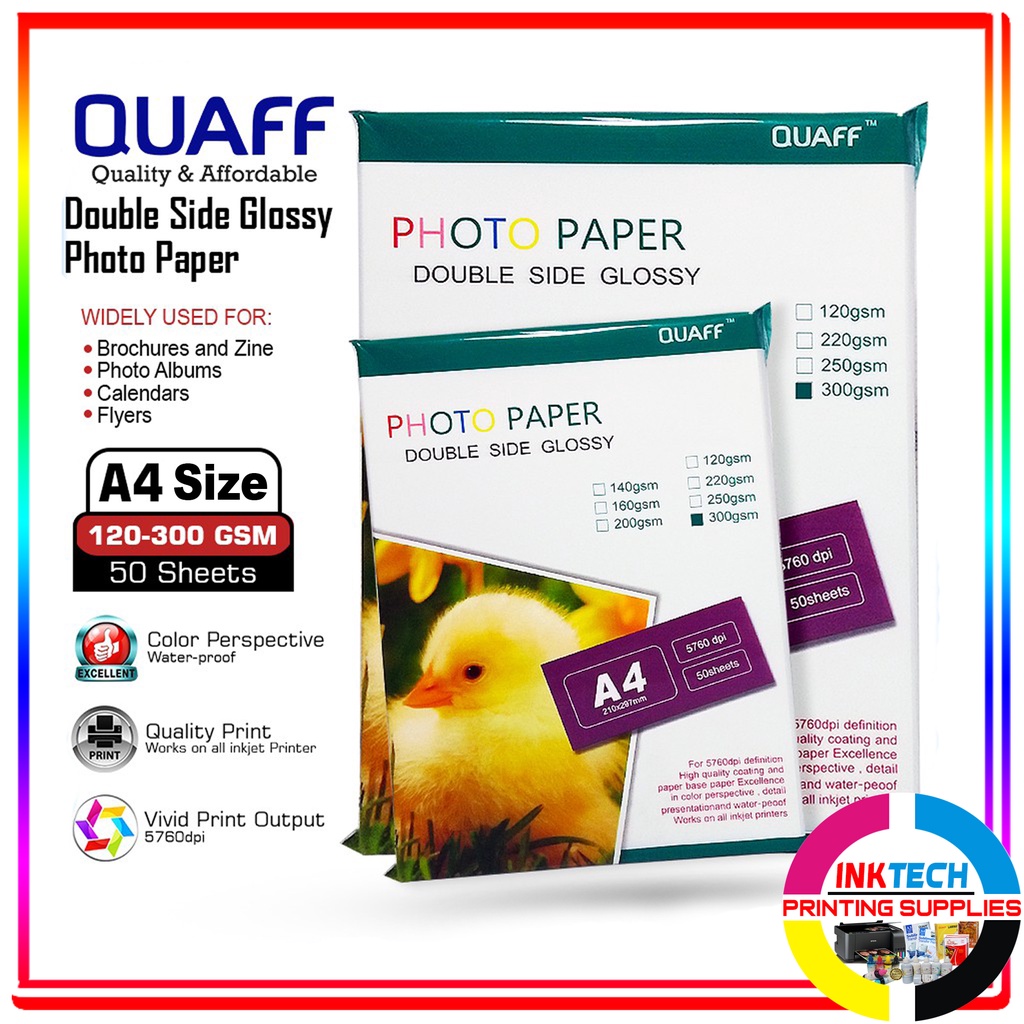 QUAFF DOUBLE SIDED GLOSSY PHOTO PAPER 120/140/160/220/250/300GSM A4 ...